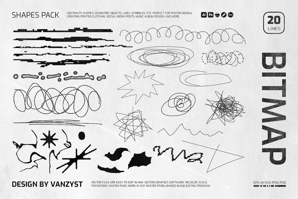 138 Bitmap Vector Shapes – Retro 8-Bit Inspired Design Elements – 6TM® MAGAZINE