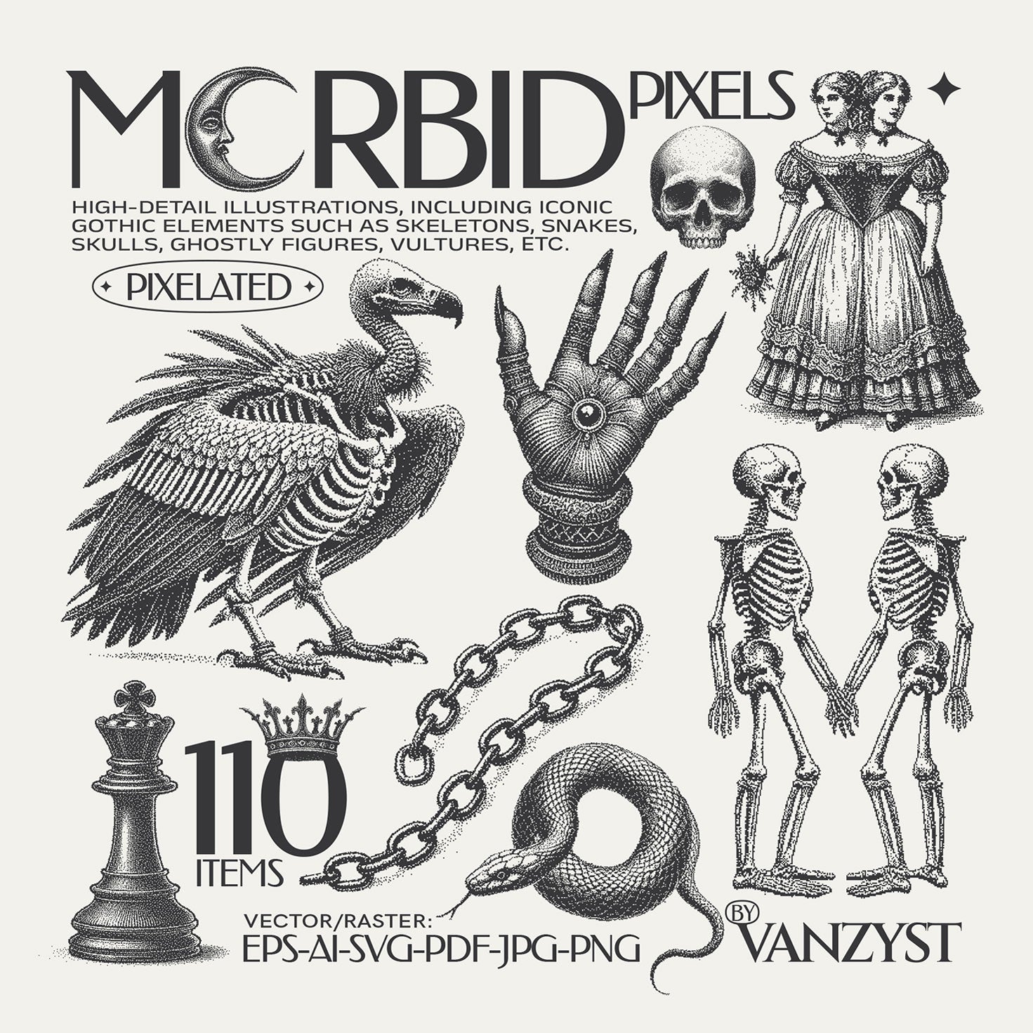 Morbid Pixels – 250 Dark Gothic Pixel Art Vector Elements – 6TM® MAGAZINE
